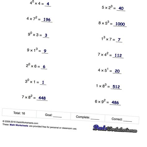 Exponents Worksheet 9th Grade