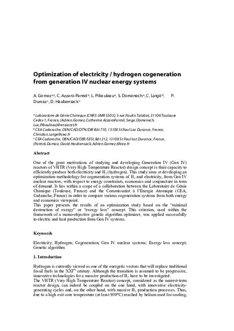 Pdf Optimization Of Electricity Hydrogen Cogeneration From Generation Iv Nuclear Energy Systems