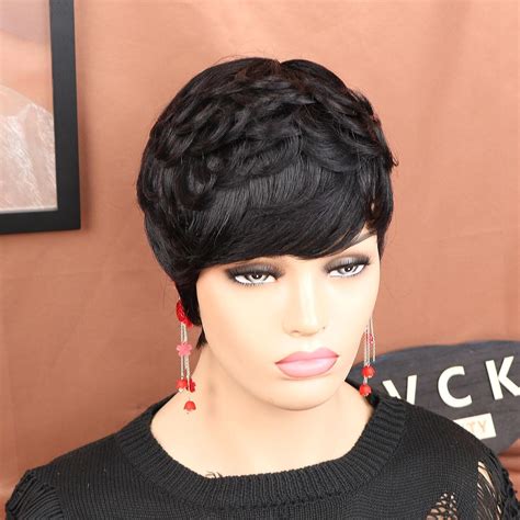 Vck Short Human Hair Wigs Pixie Cut Wig With Bangs Short