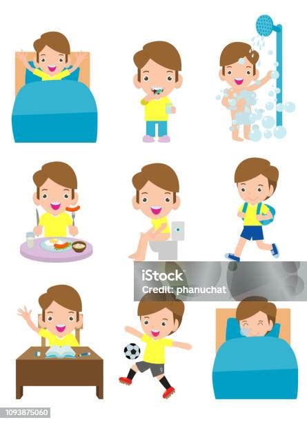귀여운 소년 아이 들을 위한 루틴 어린이의 일상 작은 아이 일상 활동 흰색 바탕에 귀여운 아이 들 벡터 일러스트 레이 션과 설정