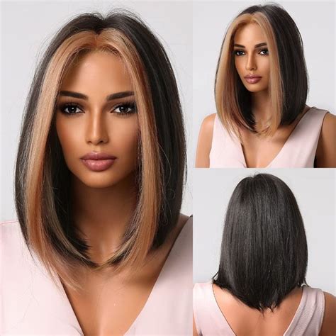 Allbell Brown Bob Wigs For Women Short Straight Synthetic Hair With Red