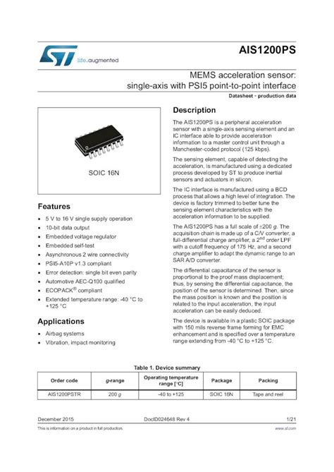 Pdf Mems Acceleration Sensor Single Axis With Psi5 Point To