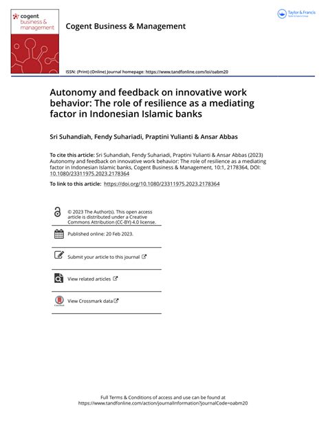 Pdf Autonomy And Feedback On Innovative Work Behavior The Role Of Resilience As A Mediating