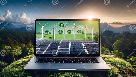 Laptop With Green Icons Of Renewable Energy Sources In Nature