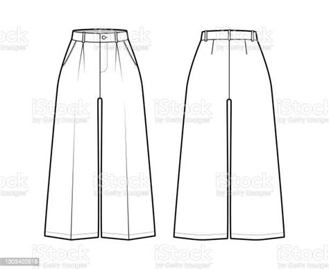 통상의 허리 싱글 플리트 미드 송아지 길이 넓은 다리 솔기 포켓이 있는 팬츠 카프리 테크니컬 패션 일러스트 0명에 대한 스톡 벡터 아트 및 기타 이미지 Istock