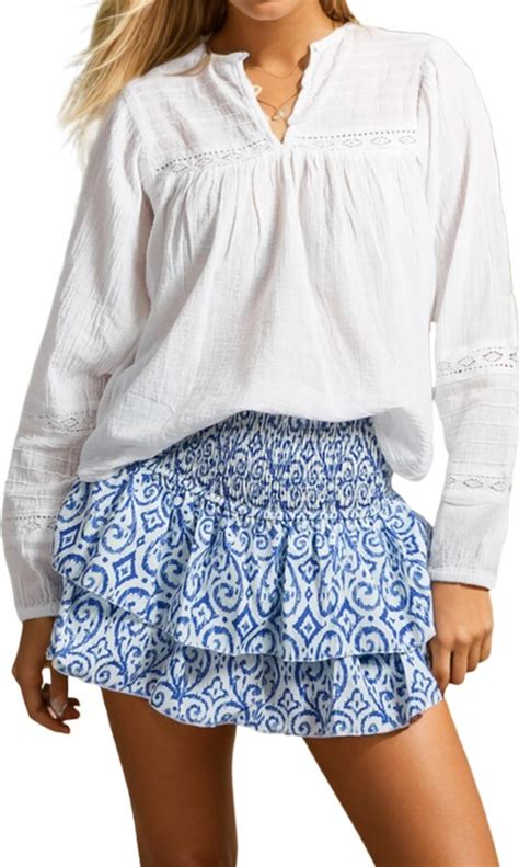Durunul Womens Shirred High Waist Ruffle Mini Skirt Eyelet Embroidery