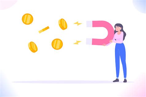 투자 매력 개념 거대한 자석을 들고 돈이나 동전을 유치하는 젊은 여성 코인 자석 투자자 또는 투자 매력 스타트업 비즈니스 성장
