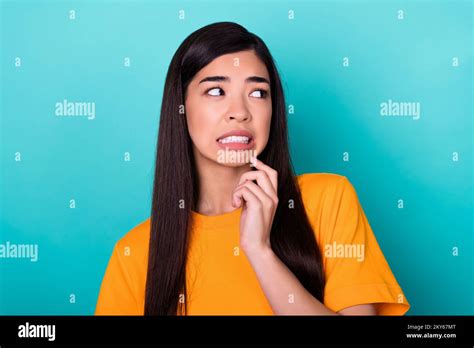 Photo Of Frightened Nice Girlish Woman With Long Hairstyle Wear Yellow