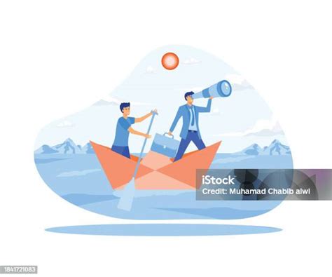 망원경을 통해 바라보는 사업가 바다에서 종이배에 노를 젓고 서 있는 두 명의 사업가 플랫 벡터 현대 일러스트 레이 션 개념에 대한 스톡 벡터 아트 및 기타 이미지 Istock