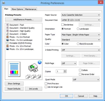 Selecting Default Print Settings Windows