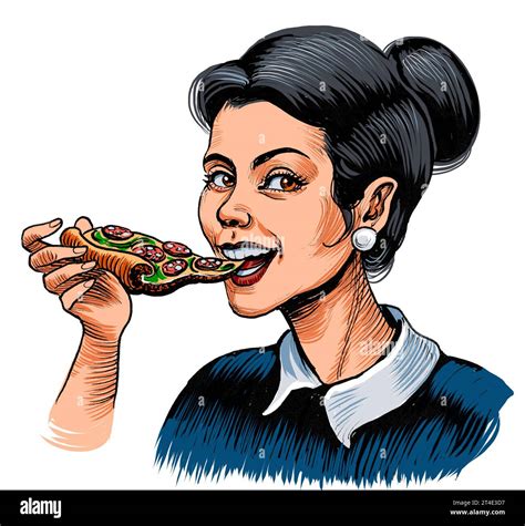 Pretty Woman Biting A Slice Of Pizza Hand Drawn Illustration Stock