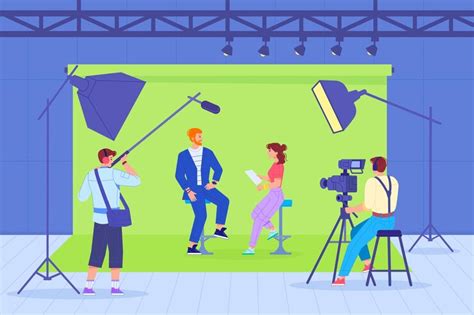 Tv 스튜디오 백스테이지 Tv 쇼 녹음 뉴스 기자 녹색 크로마키 방송 산업 제작진 인터뷰 프리미엄 벡터