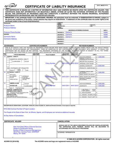 Fillable Acord 25 Certificate Of Insurance Prntbl