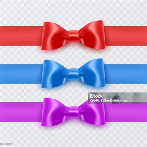 엽서 홀리데이 박스 등의 장식을 위한 보라색 파란색 빨간색 색상의 사실적인 활 세트 흰색 배경장식용 활 벡터 일러스트레이션 공단에 대한 스톡 벡터 아트 및 기타 이미지