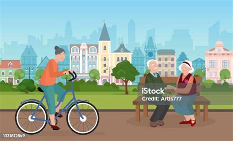 사람들은 함께 벤치에 앉아 노인 부부와 도시 공원 도시 경관에서 시간을 보낸다 자전거 타기에 대한 스톡 벡터 아트 및 기타 이미지 자전거 타기 노인 모션 Istock