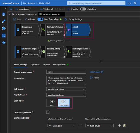 Using Exists Transformation For Data Comparison In Azure Data Factory
