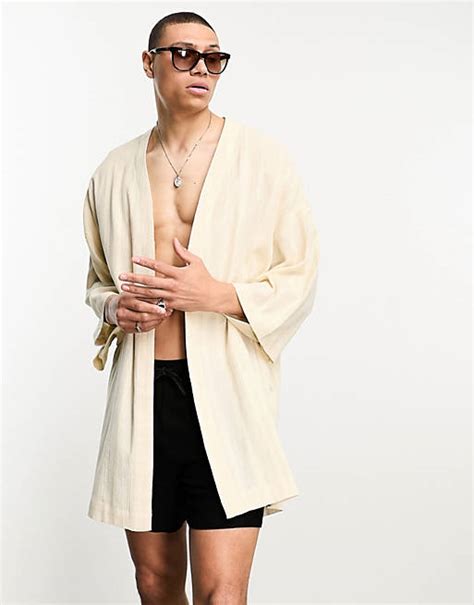 Asos Design Textured Linen Look Kimono In Oatmeal Asos