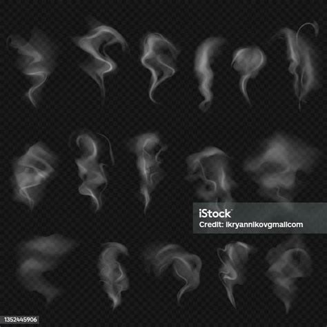 사실적인 연기 세트 곡선동적 안개 흐름 회색 투명 웨이브 스팀 공기 화재 불꽃 효과 자연에 대한 스톡 벡터 아트 및 기타 이미지 자연 증기 커피 마실 것 Istock