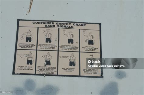 컨테이너 터미널에서 갠트리 크레인의 회색 금속 프레임에 부착 된 컨테이너 갠트리 크레인 손 신호의 포스터 0명에 대한 스톡 사진 및 기타 이미지 Istock