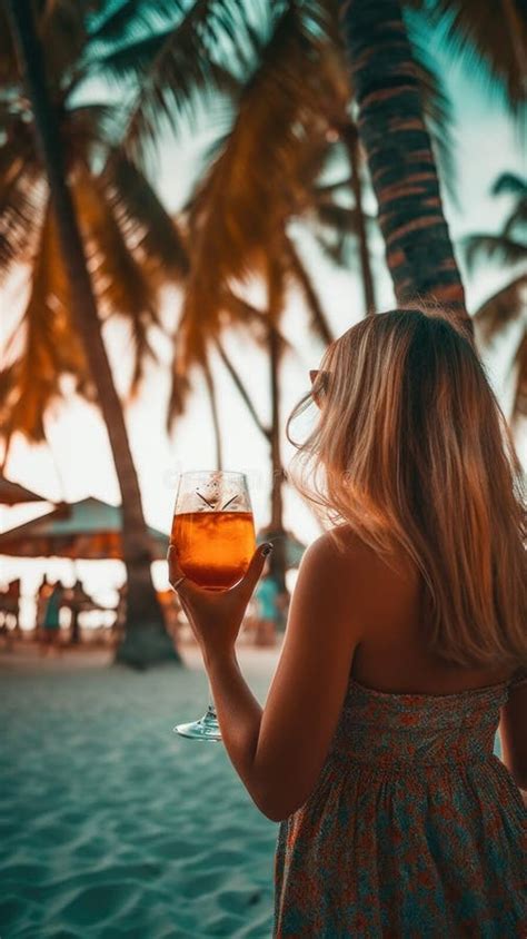 A Woman Holding A Glass Of Wine On A Beach Generative Ai Image Stock