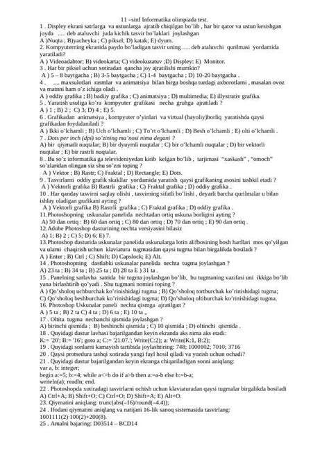 11 Sinf Informatika Olimpiada Test Javoblari Bilan
