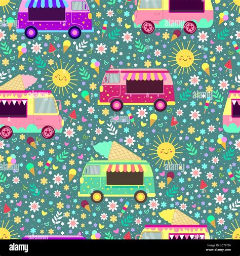 Cartoon Ice Cream Trucks Seamless Pattern With Cute Smiling Suns