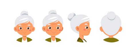 늙은 여자 머리의 세트입니다 다양한 각도에서 본 연금 수급자의 얼굴 애니메이션을 만들기 위한 디자인 요소 팩입니다 백발의 선배 플랫 벡터 컬렉션 각도에 대한 스톡 벡터 아트