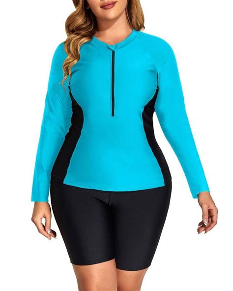 Daci Women Piece Plus Size Long Sleeve Rash Guard Bathing Suit Zip Front Athletic Boy Shorts