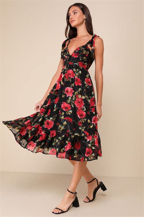 Black Floral Dress Tie Strap Dress Floral Midi Dress Dress Lulus