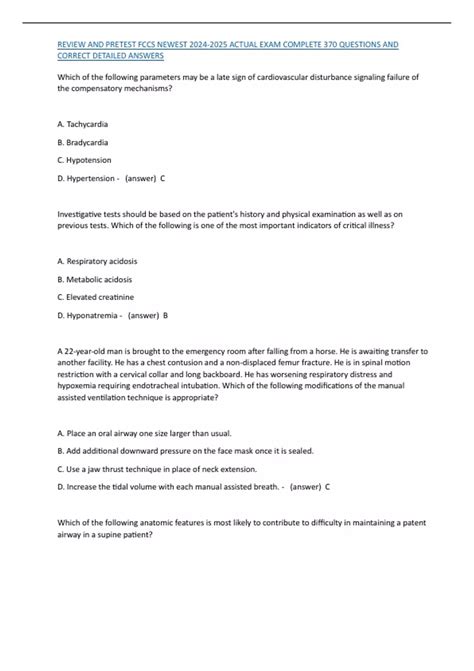 Review And Pretest Fccs Newest Actual Exam Complete 370 Questions And Correct Detailed Answers