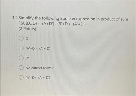solved 12 simplify the following boolean expression in