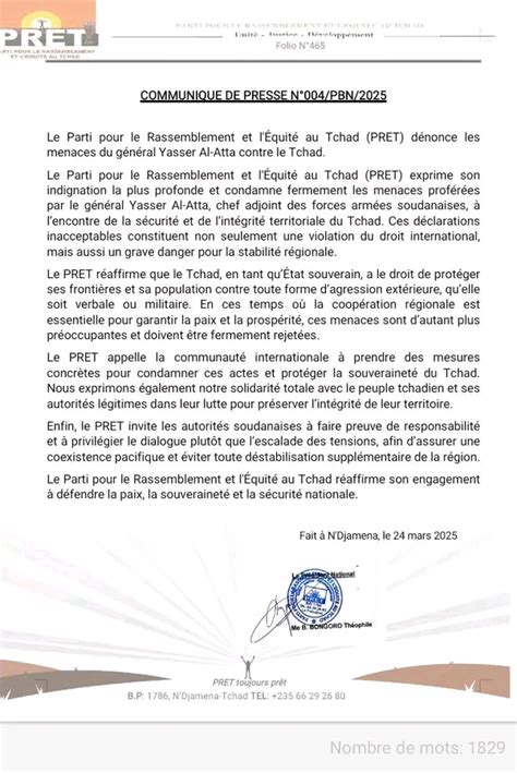 Tensions Entre Le Soudan Et Le Tchad Le Pret Dénonce Les Menaces Du Général Yasser Al Atta