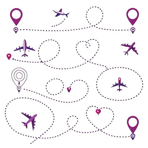 Dotted Airplane Trajectories Cartoon Illustration Set Path Or Way Of Plane Aircraft Generative