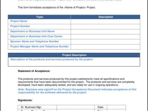 Project Acceptance Form Template Project Acceptance Document
