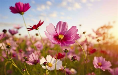 A Cosmos Flower Face To Sunrise In Field Generative Ai 32973073 Stock