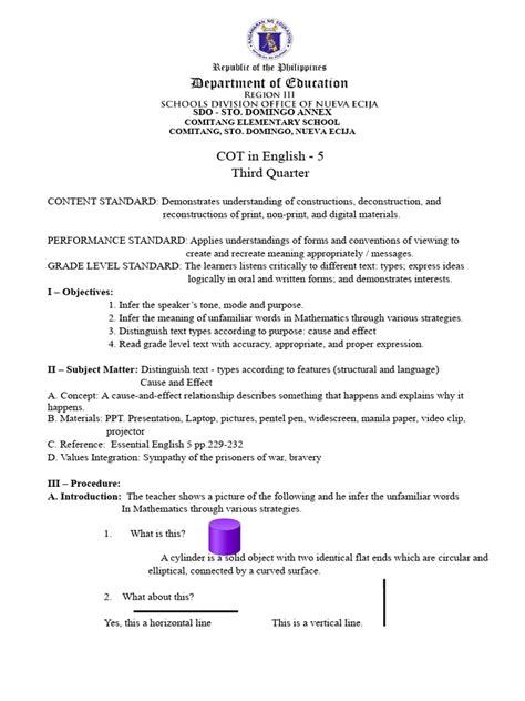 Cot English 5 3rd Quarter Pdf Philippines