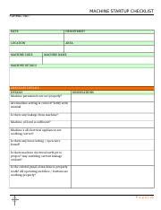 Machine Startup Checklist Doc MACHINE STARTUP CHECKLIST FORMAT NO DATE DEPARTMENT LOCATION