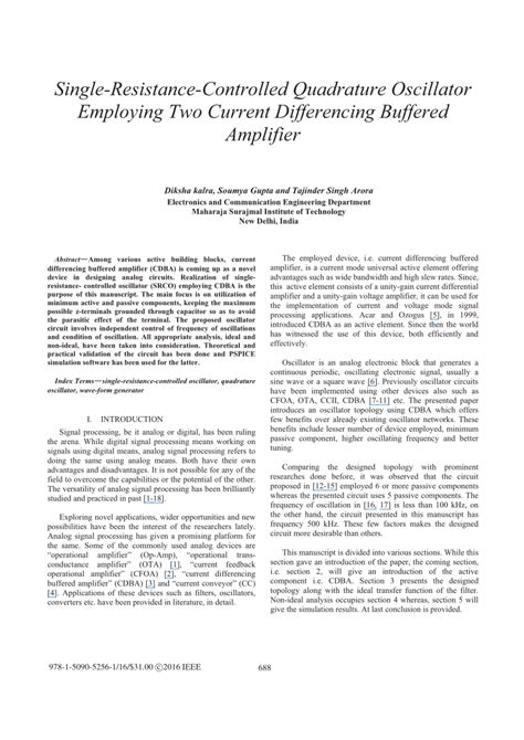 Pdf Single Resistance Controlled Quadrature Oscillator Employing Two
