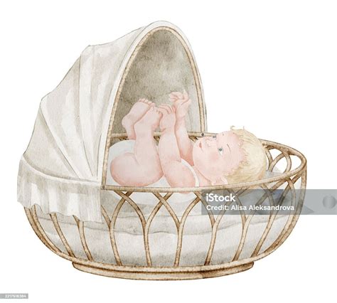 캐노피가 있는 고리 버들 세공 유아용 침대에 있는 아기의 수채화 그림 아기 샤워 인사말 카드 또는 신생아 파티 초대장을 위한 바구니에 있는 유아의 그림 파스텔 색상의 유아용