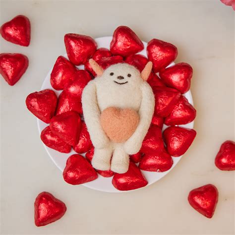 Hand Needle Felted Big White Yeti With Pink Love Heart Ornament
