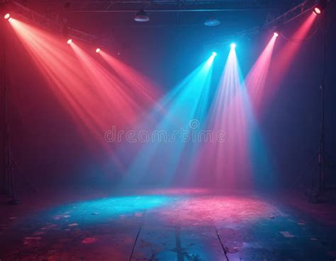 Stage Lights Cast Red And Blue Beams Across Dark Empty Room Floor