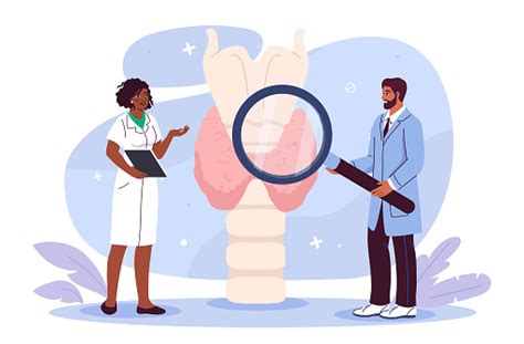 내분비학자 팀 돋보기를 든 남자와 제복을 입은 여자가 갑상선을 검사합니다 건강 관리 및 의학 해부학 및 내분비학 평면 벡터