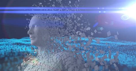 Composition Of Human Bust Formed With Grey Particles And Blue Mesh On