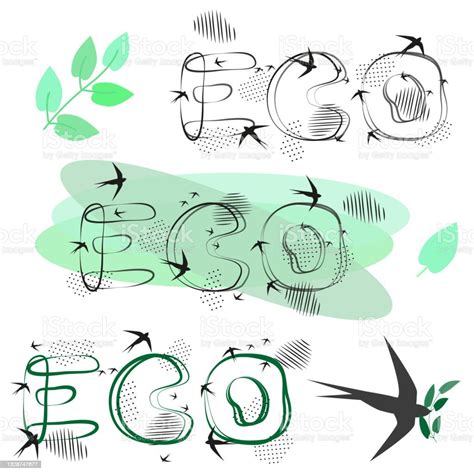 손 레터링 Eco 장식 녹색 잎 그려진 편지 반점 점선 스트로크 녹색 배경의 윤곽선 스타일의 벡터 그림 가리기에 대한 스톡 벡터