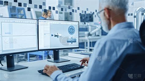 Over The Shoulder 高级重工业工程师在个人电脑上工作，屏幕显示cad软件和3d原型电