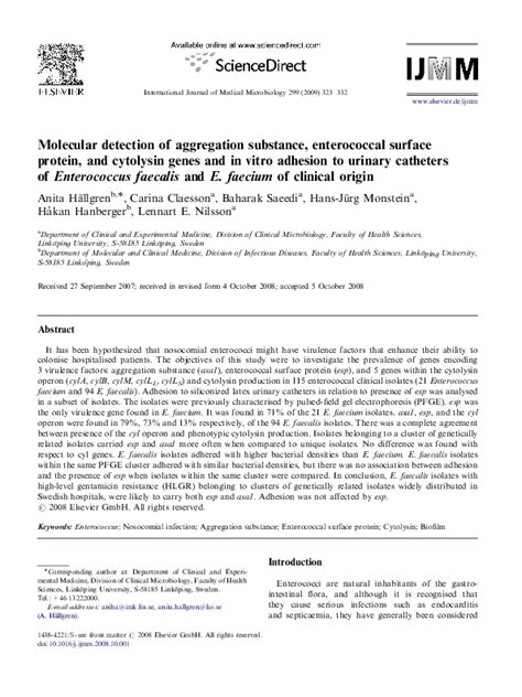 Pdf Role Of Enterococcus Faecalis Surface Protein Esp In The