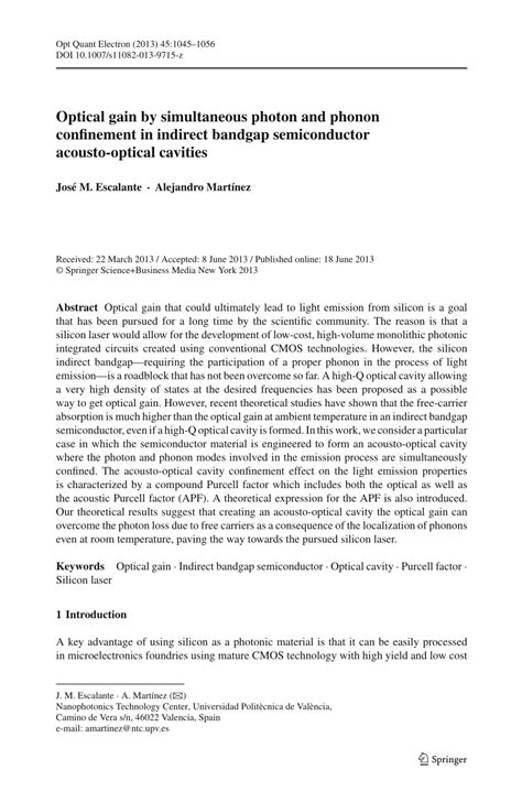 Pdf Optical Gain By Simultaneous Photon And Phonon Confinement In Indirect Bandgap