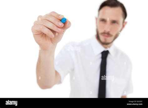 Nerdy Businessman Writing With Blue Chalk Stock Photo Alamy