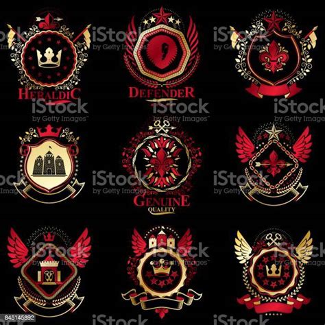 벡터 고급 문장 학 팔의 외 투입니다 컬렉션의 Blazons 빈티지 디자인 양식에 일치 시키는 그래픽 요소 로얄 크라운 및 플래그 별 타워를 사용 하 여 만든 병기 종교