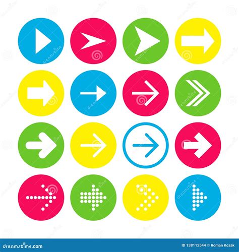 Set Of 16 Right Arrow Icons Arrow Buttons On White Background In Crimson Blue Yellow And